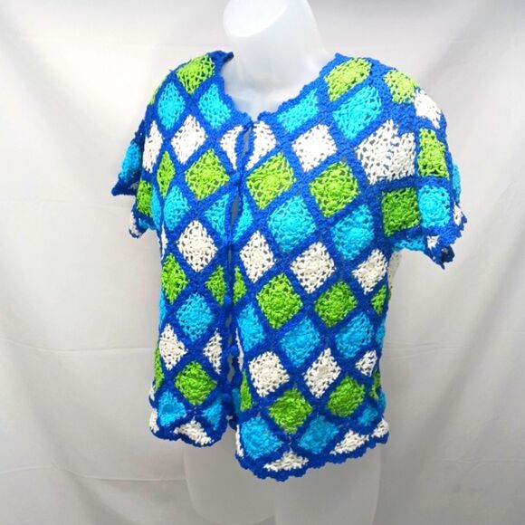 Tops | Vintage Y2k Blue Multicolor Cottagecore Granny Square Crochet ...